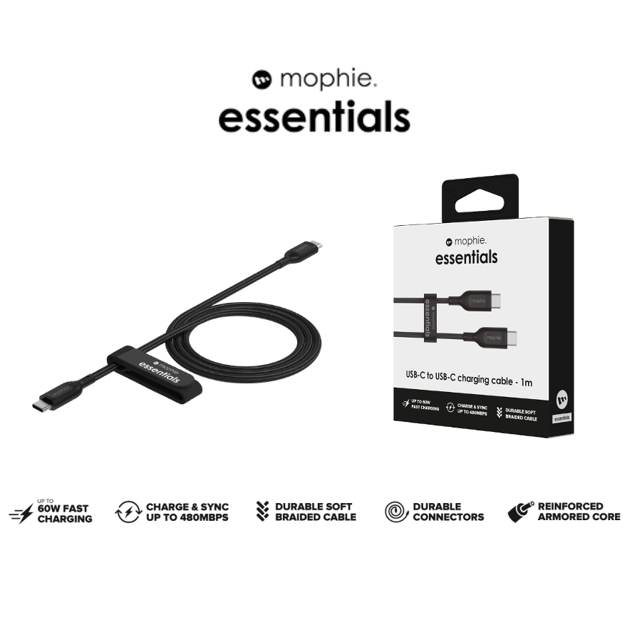 mophie Essentials USB-C-C Cable (60W) Braided Durable Soft Cable 1M ...