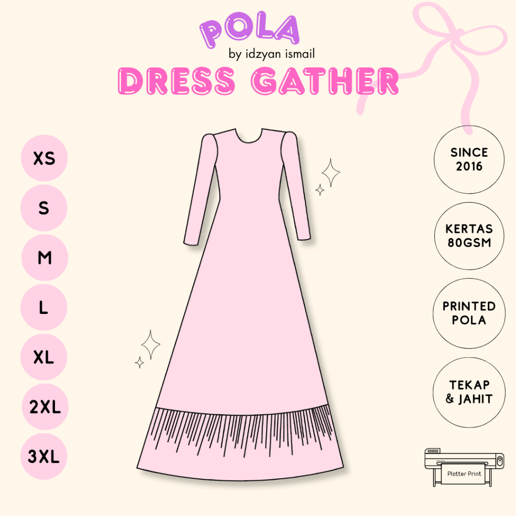 MUDAH JAHIT POLA DRESS GATHER SEWING PATTERN FOR DRESS POLA DEWASA XS ...