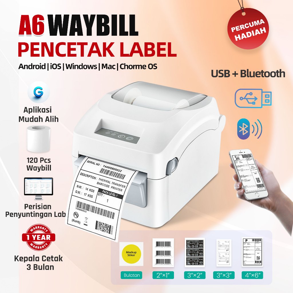Thermal Printer Bluetooth Waybill Barcode Shipping Bluetooth A6 Printer ...
