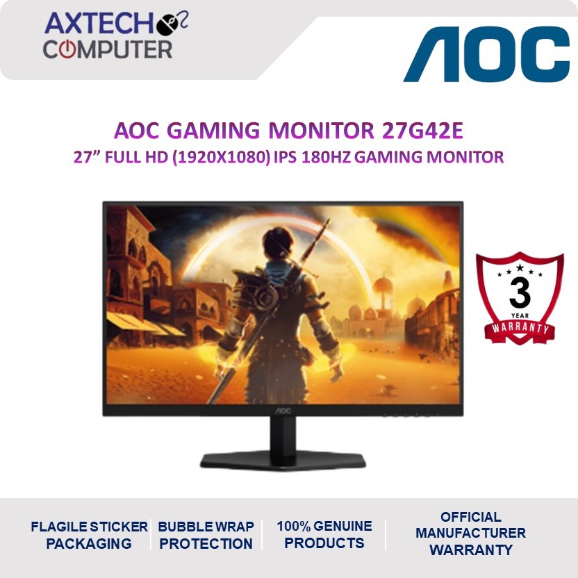 AOC 27G42E 27" FHD 180Hz IPS Gaming Monitor ( DisplayPort, HDMI, 3 Yrs ...