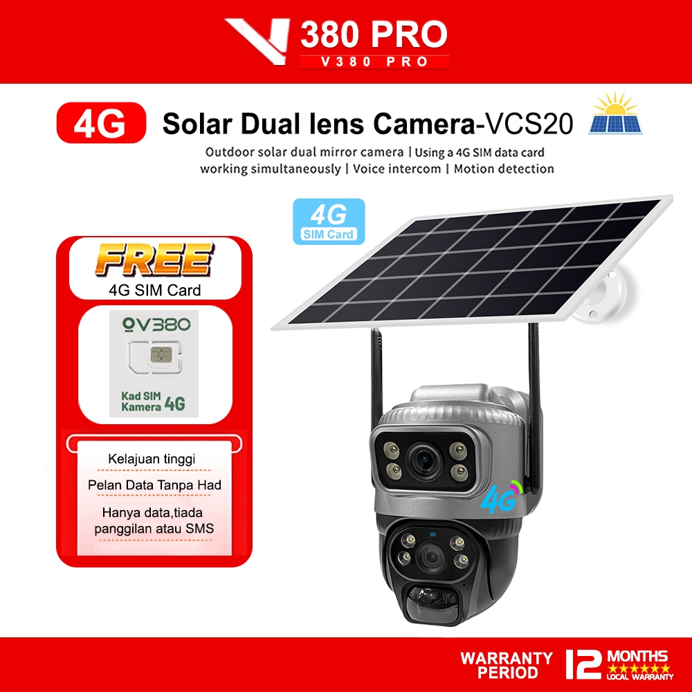 V380 Pro Solar Outdoor Cctv Camera VCS-20 Wireless Dual lens Waterproof ...