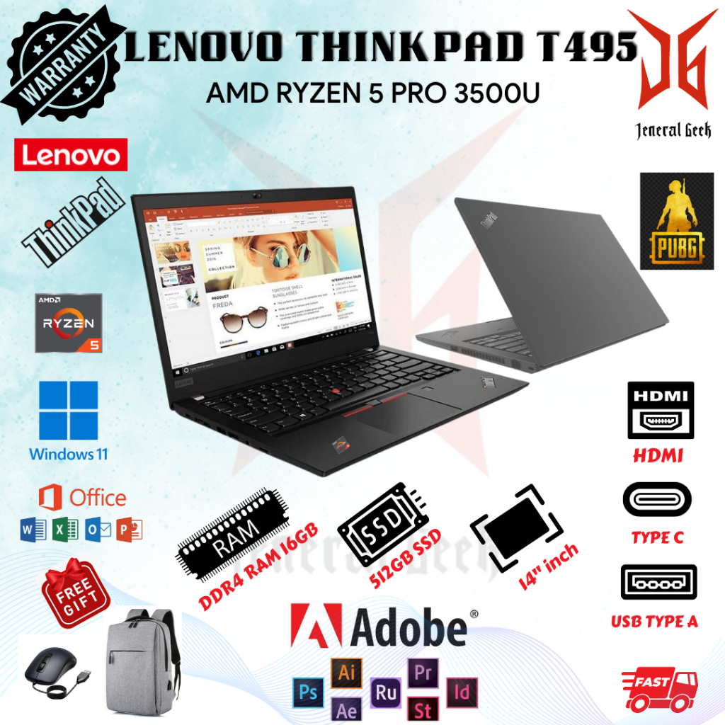Lenovo ThinkPad T495 Ryzen 5 Pro 3500U/16GB RAM/512GBSSD/14" FHD Display/Slim/12 Months Warranty ...