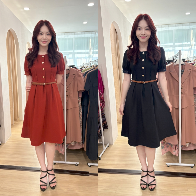 Premium quality round neck simple and elegant OL dress with belt and ...