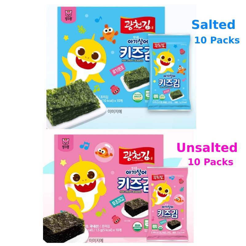 PINKFONG Kids Crispy Seaweed Organic Laver (Salted/ Unsalted) 10 Packs ...