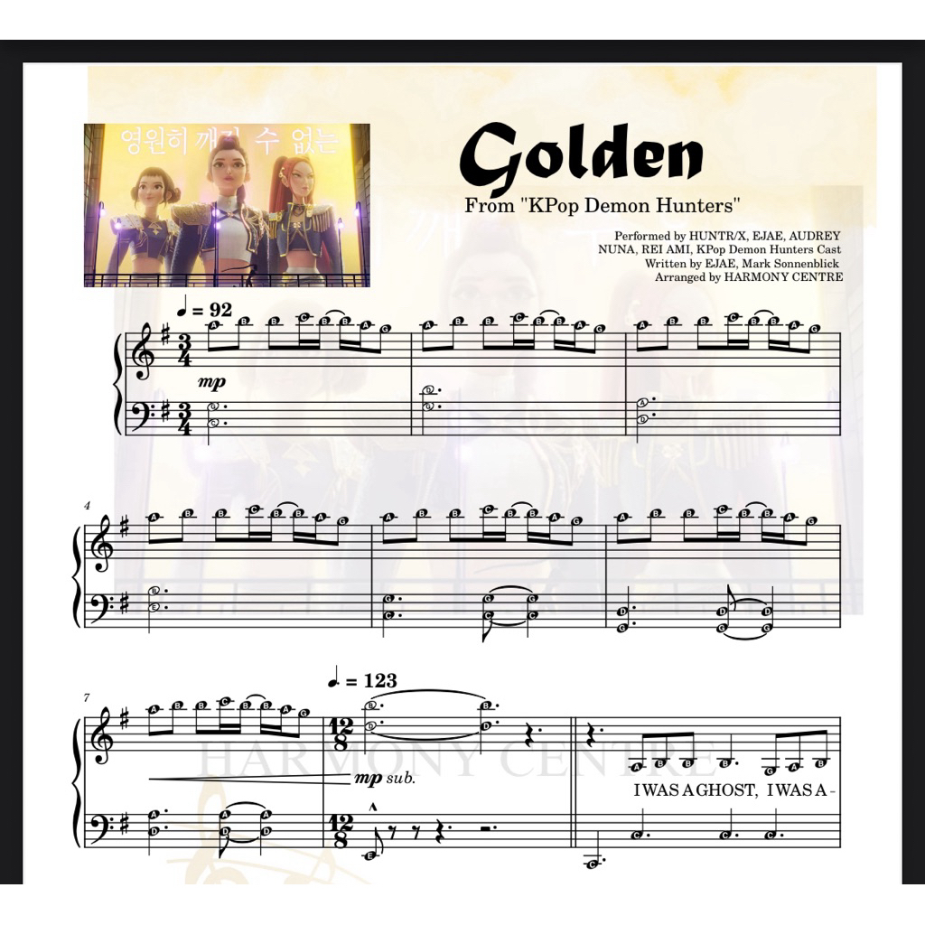 Golden by HUNTRlX | Piano Sheet Music Score G3 with note names ...