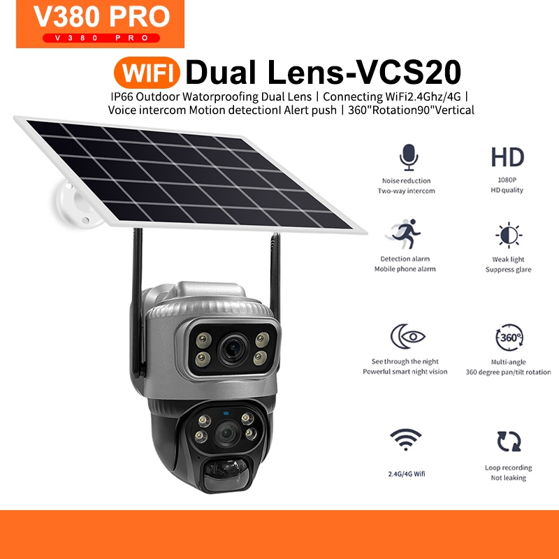 V380 Pro Solar Outdoor Cctv Camera VCS-20 Wireless Dual lens Waterproof ...