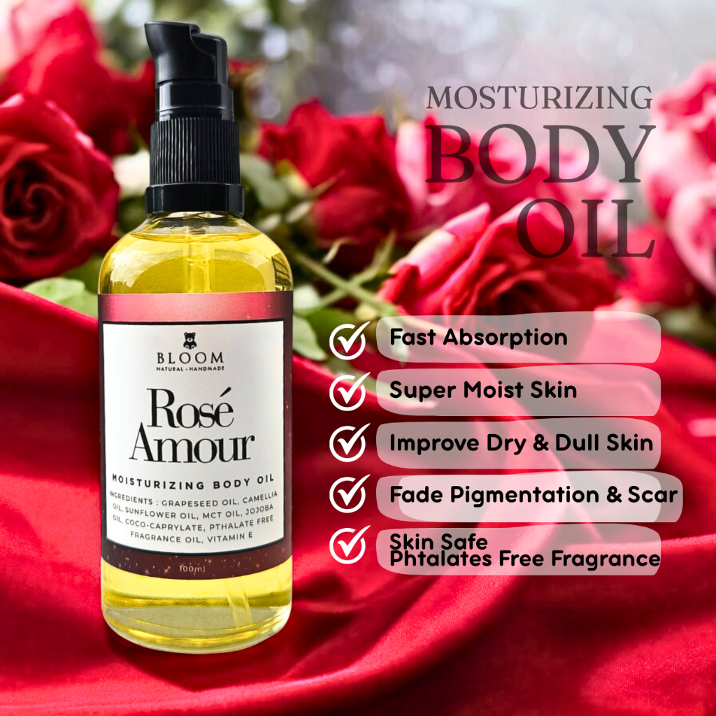 BLOOM Rose Amour Body Oil - Natural Moisturizing Oil for Dry, Dull Skin ...