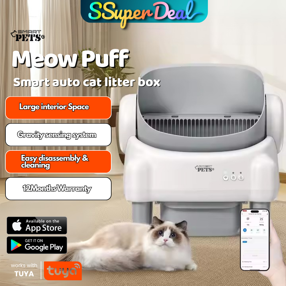 SmartPets Meow Puff Smart Automatic Cat Litter Box with Weight Monitoring, App Remote Control ...