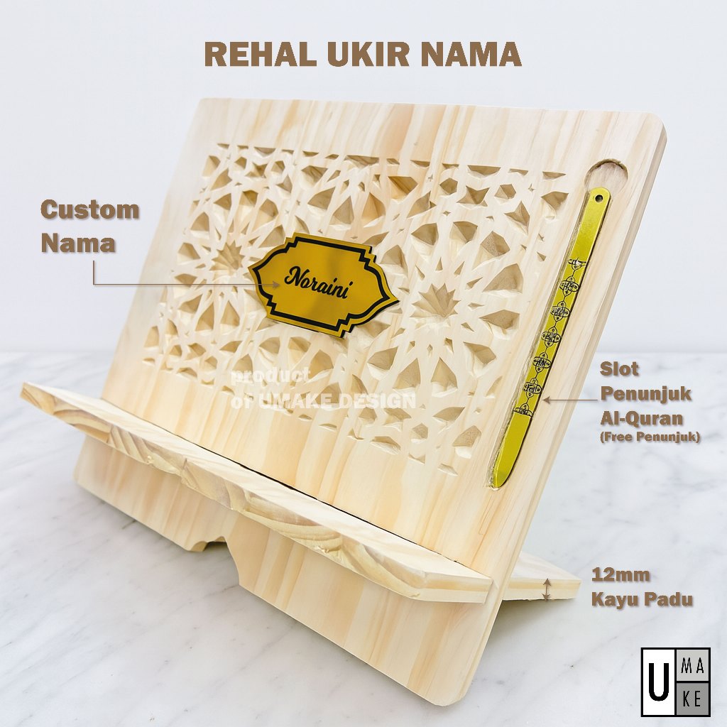 UMAKE Rehal Kayu ukir nama Wood Book Stand Custom Name Rehal Ukir Nama ...