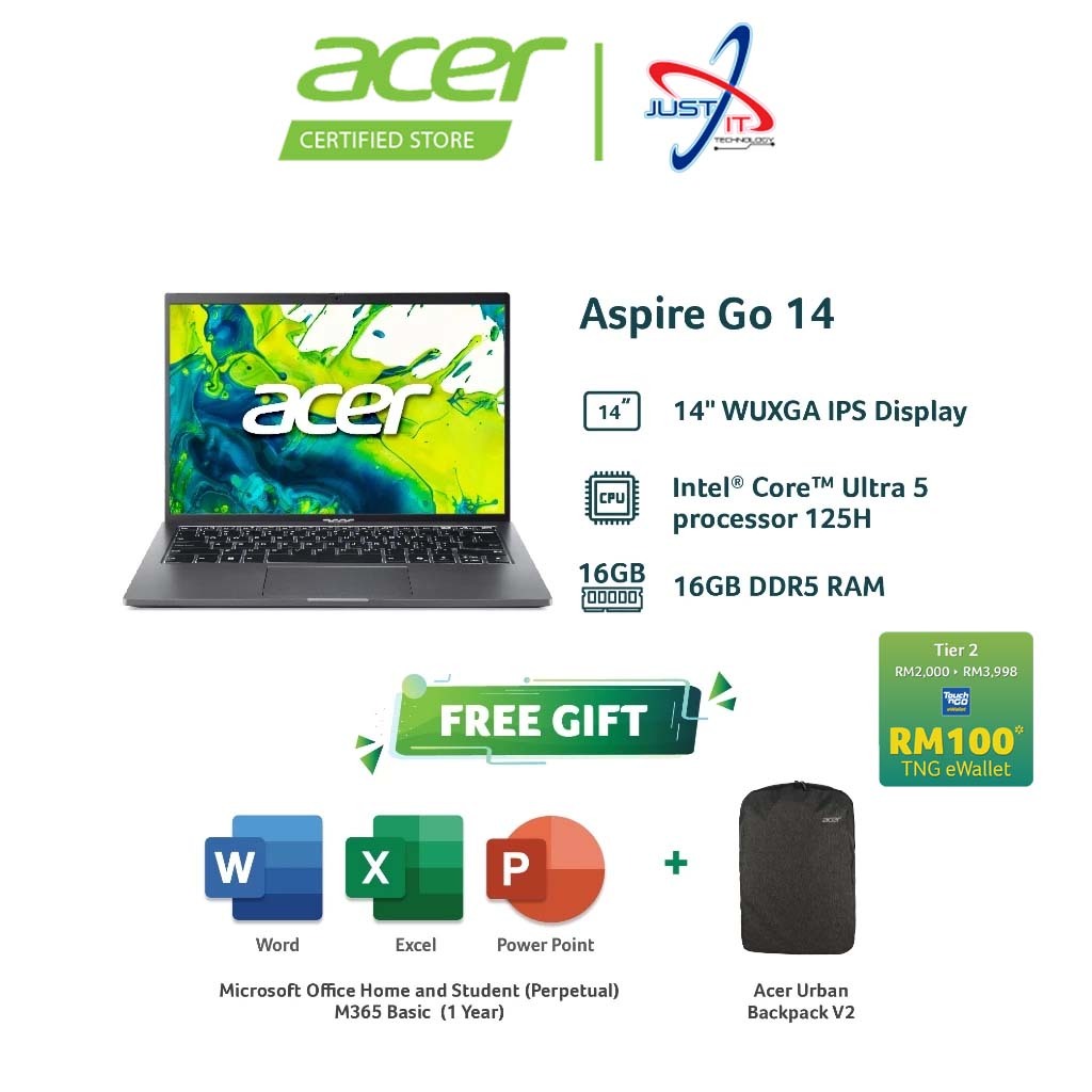 ACER ASPIRE GO 14 AG14-71M-5529 14” LAPTOP ( CU5-125H 16GD5 512SSD / 14" WUXGA / W11H / OFFICE ...