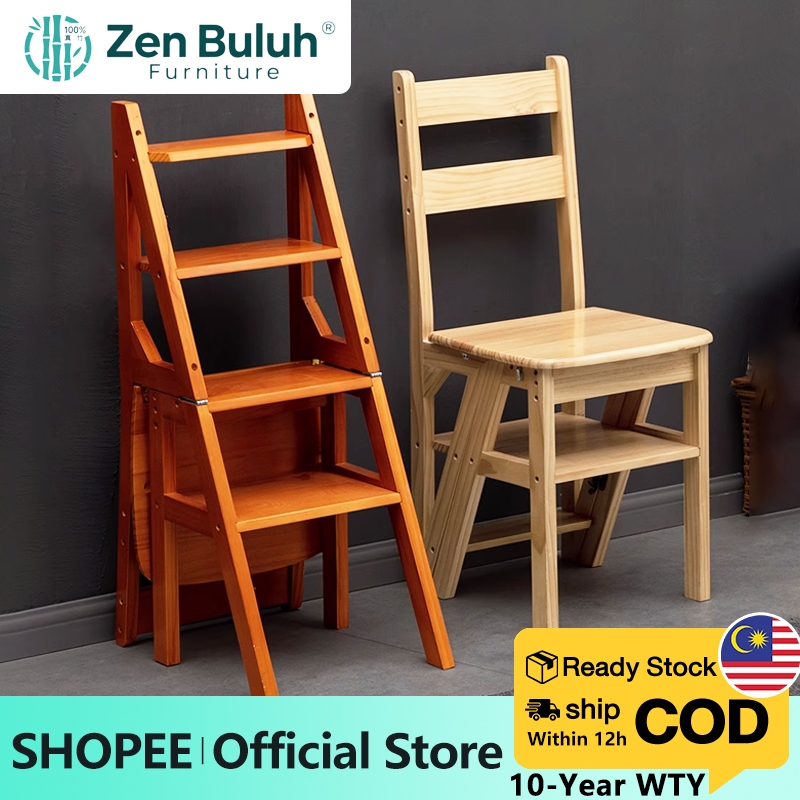 【100%Bamboo】 Ladder Chair Brown/Wood Ladder Foldable Step Stool Kerusi ...