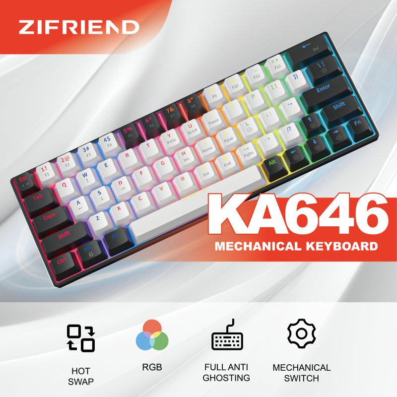 Zifriend KA646 Mechanical Keyboard Swappable Rainbow backlight Gaming Wired 63 Keys | Shopee ...