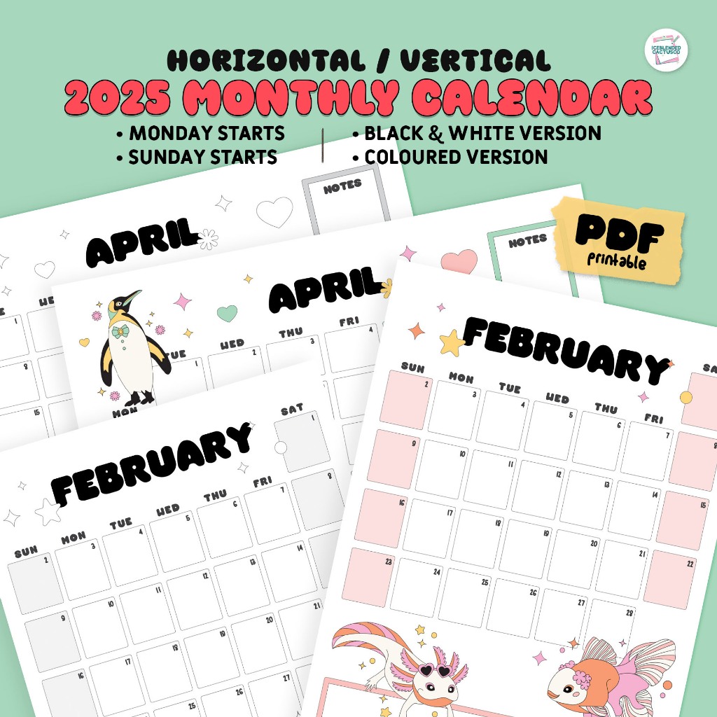 NEW! 2025 Horizontal/Vertical Dated Animal Aesthetic Cute Doodle ...