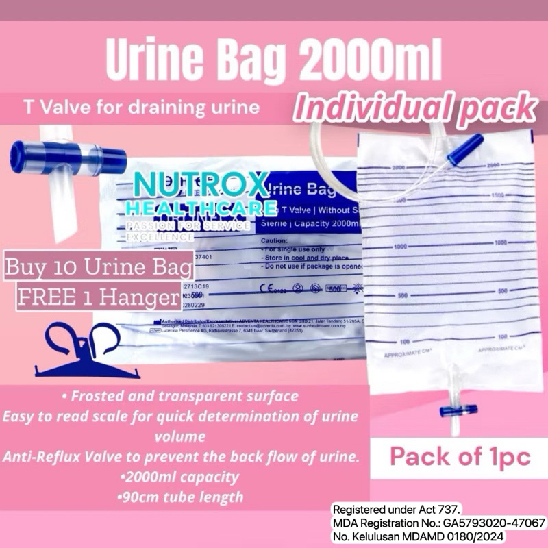 Urine Bag Transparent-2000ml (1 PC) With T Valve Free Urine Hanger (Buy ...