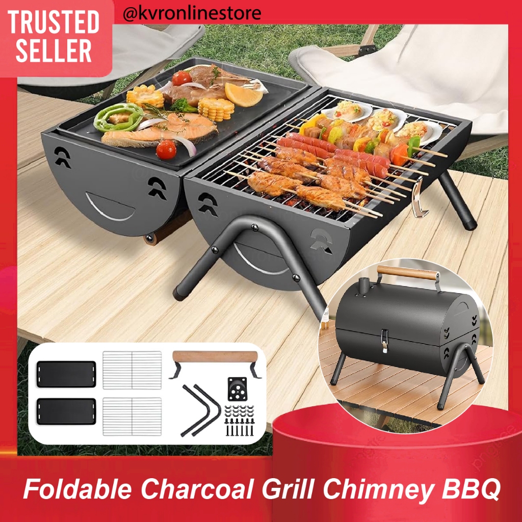 Double Sided Foldable Chimney Charcoal Grill Stove BBQ Outdoor Tabletop ...