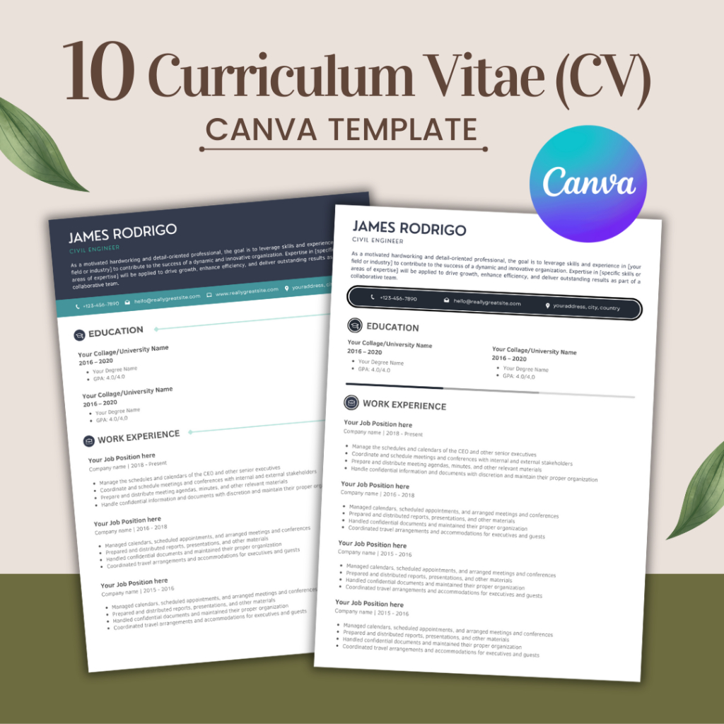 10 Bundle Curriculum Vitae (CV) Template For Work | ATS Friendly CV ...