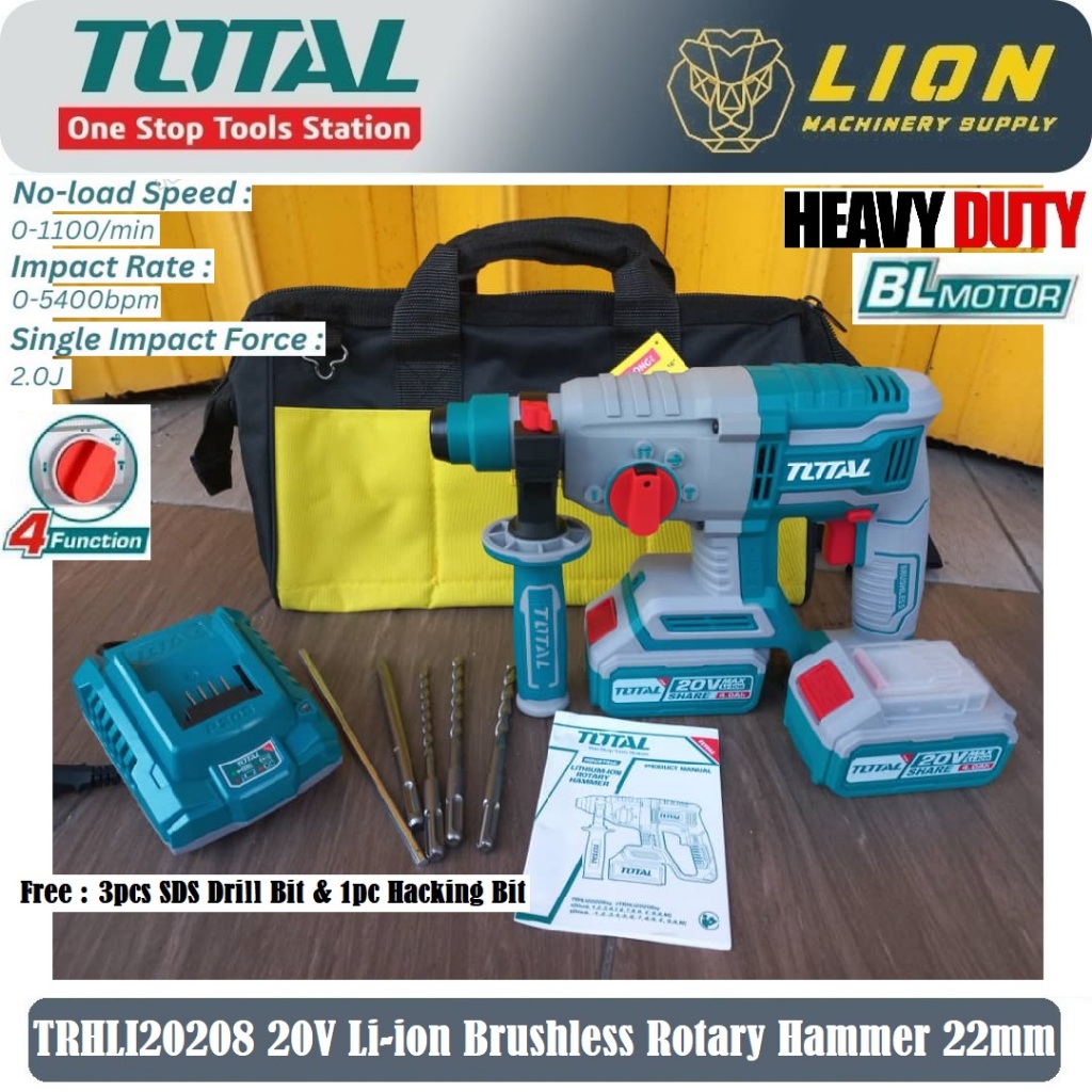 TOTAL TRHLI20208 20V Li-ion Brushless Rotary Hammer 22mm with 2pcs 4 ...