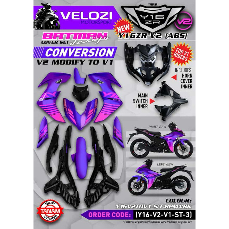 VELOZI YAMAHA Y16 V1 V2(ABS) 2IN1 BATMAN PURPLE BPM1 BLACK BODY KIT ...