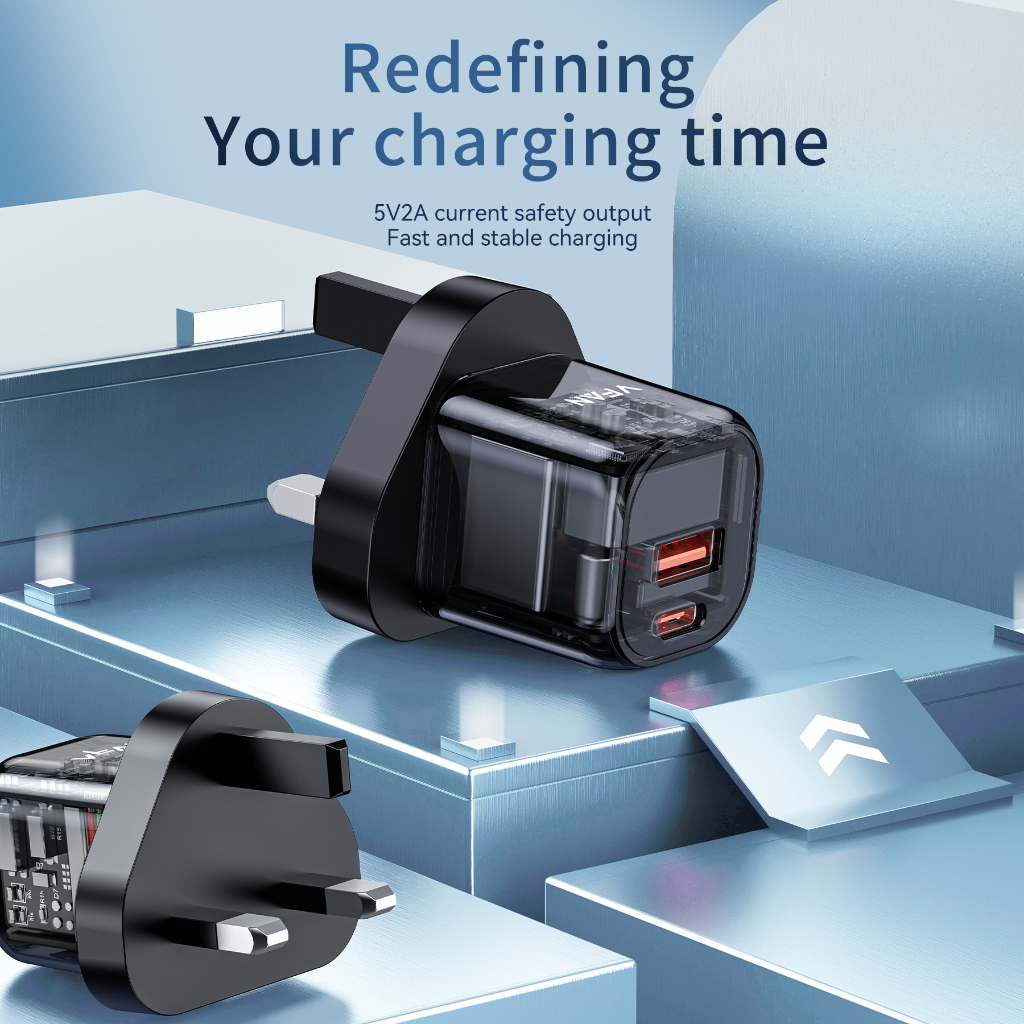 20W Transparent Super Fast Charging Adapter 1USB Port + 1Type-C VFAN ...