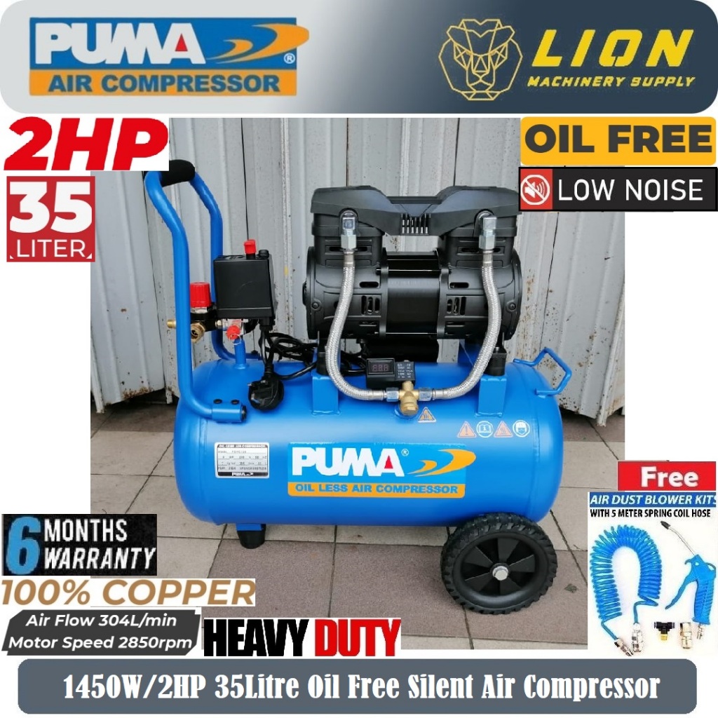 PUMA 1450W/2HP Oil Free Silent Air Compressor 8Bar/115psi FORCE35 ...