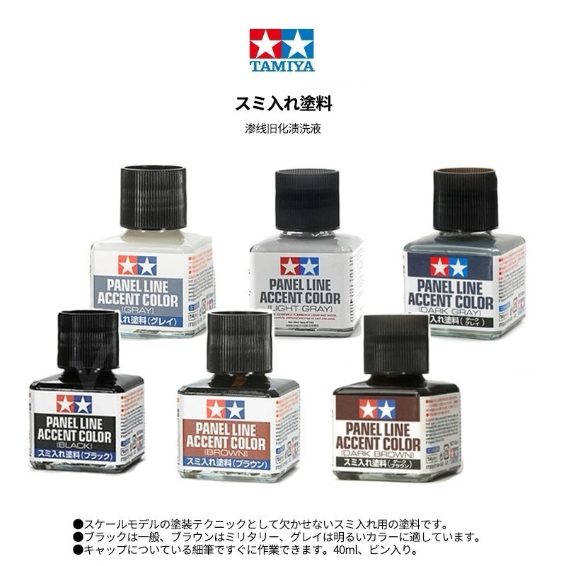 Tamiya Panel Line Accent Color 40ml (Gray,Dark Gray,Light Gray,Black,Brown,Dark Brown,Pink Brown ...