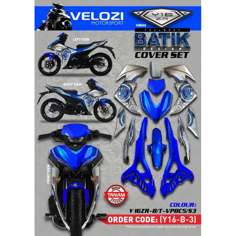 VELOZI YAMAHA Y16 Y16ZR V1 (NO ABS) BATIK VPBC5 BLUE /SILVER 3 BODY KIT ...
