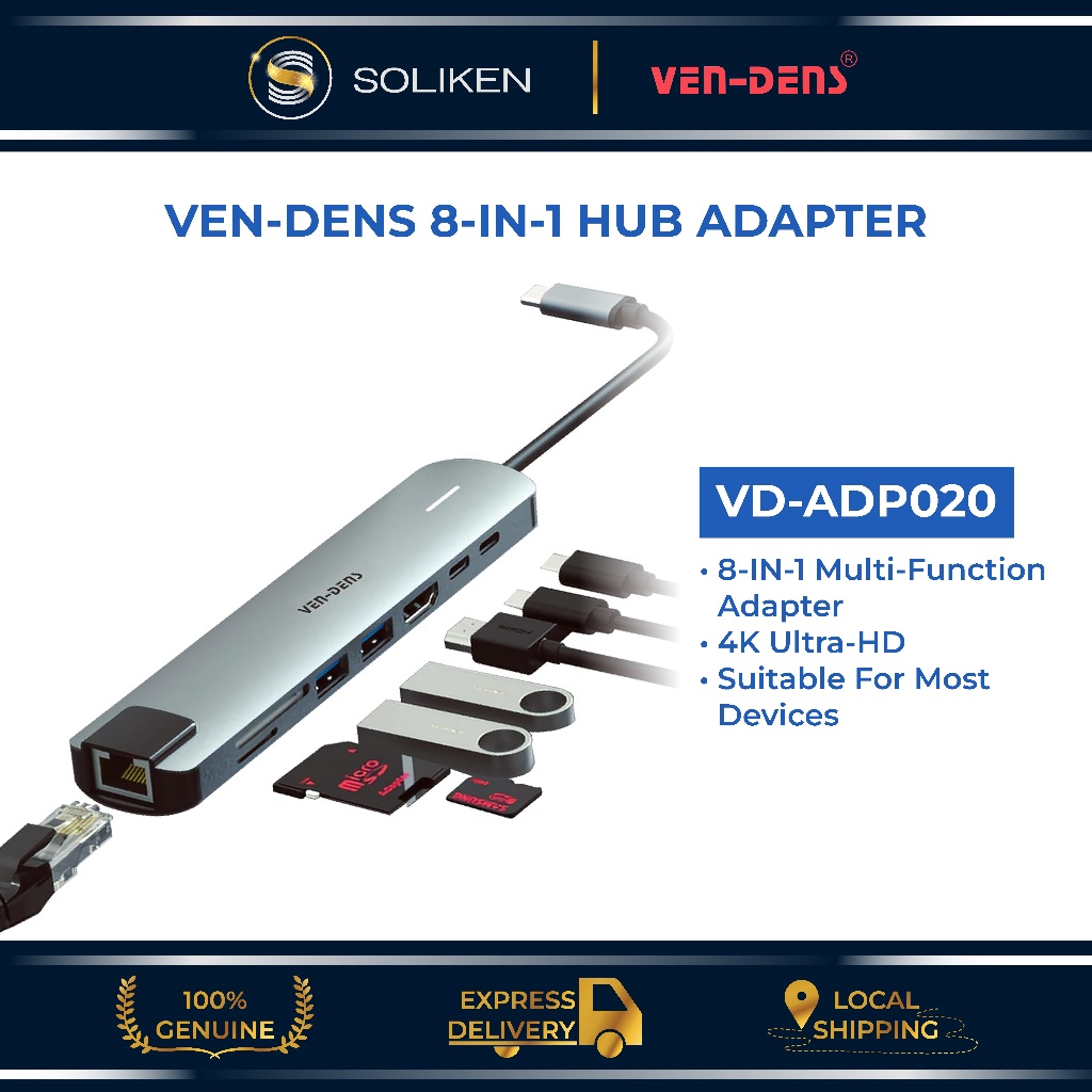 VEN-DENS VD-ADP020 4K UHD 8IN1 HUB Multifunction Adapter USBC to HDTV ...