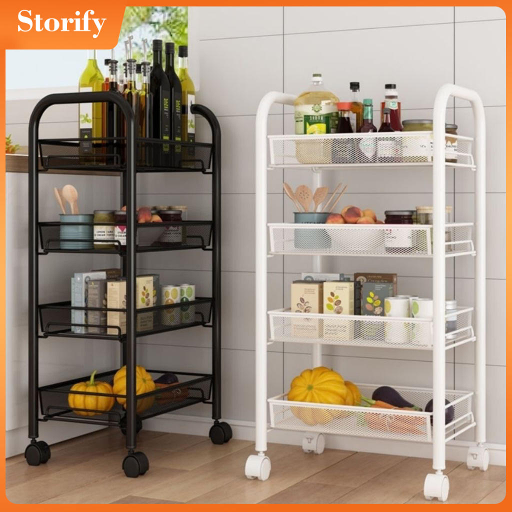 Metal Trolley Rack With Basket&Wheel Kitchen Trolley Rack Storage ...