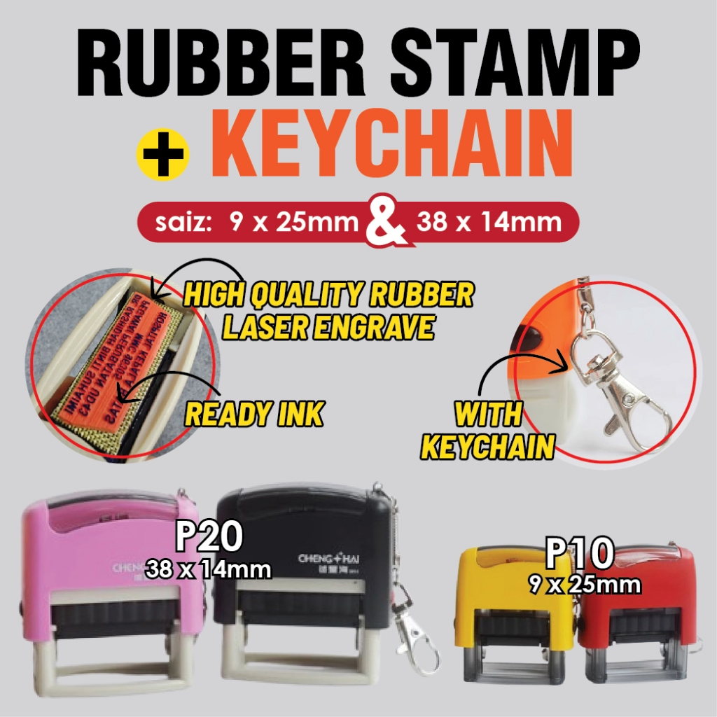 Rubber Stamp + Keychain Ready Ink | 9 x 25mm p10 | 38 x 14mm p20 | Cop ...