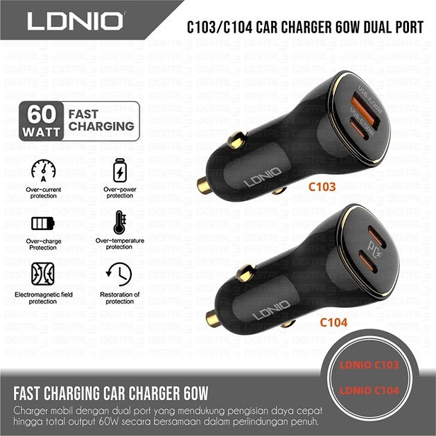 (NO COD) LDNIO C103 (USB+PD) 60W / C104 (PD X 2) 60W PD QC Fast Car Charger PD30W + QC30W ...