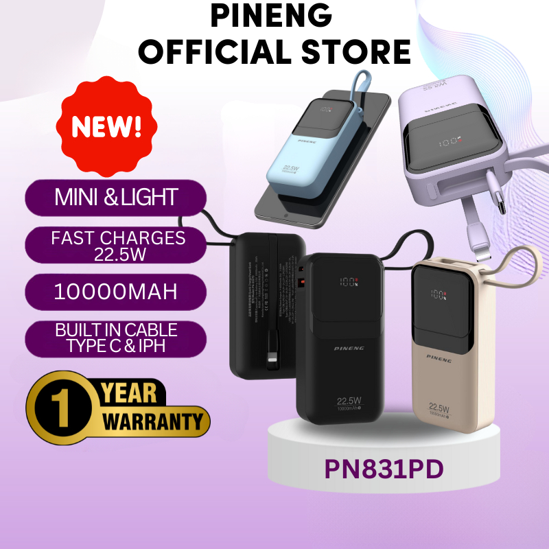 {3C CCC APROVED } PINENG PN831PD MINI LIGHT 10,000mAh FAST CHARGES 22.5W BUILT IN CABLE TYPE C ...