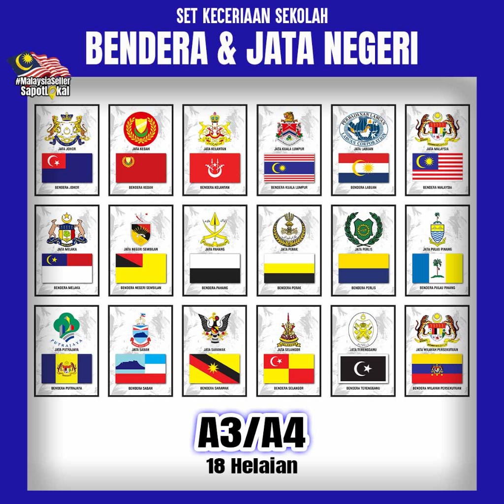 Poster BENDERA & JATA NEGERI MALAYSIA (set lengkap) / Hiasan Patriotik ...