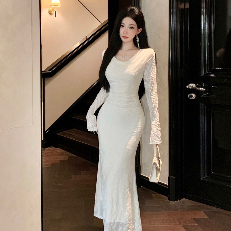 VOUGWEN New French Style Feminine Long Sleeve Fishtail Dress - Elegant Slim Fit with Flared ...