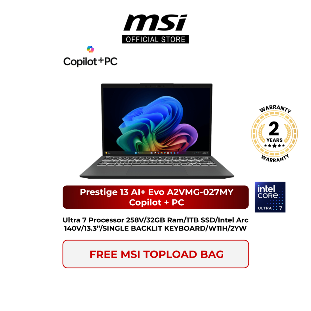 MSI Prestige 13 AI+ Evo A2VMG-027MY ; Copilot + PC Laptop (Ultra 7 258V/32GB Ram/1TB SSD/Intel ...