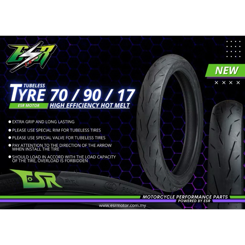 ESR TAYAR TYRE TUBELESS 13 INCH /14 INCH /17 INCH 60/90 70/80 70/90 80/ ...
