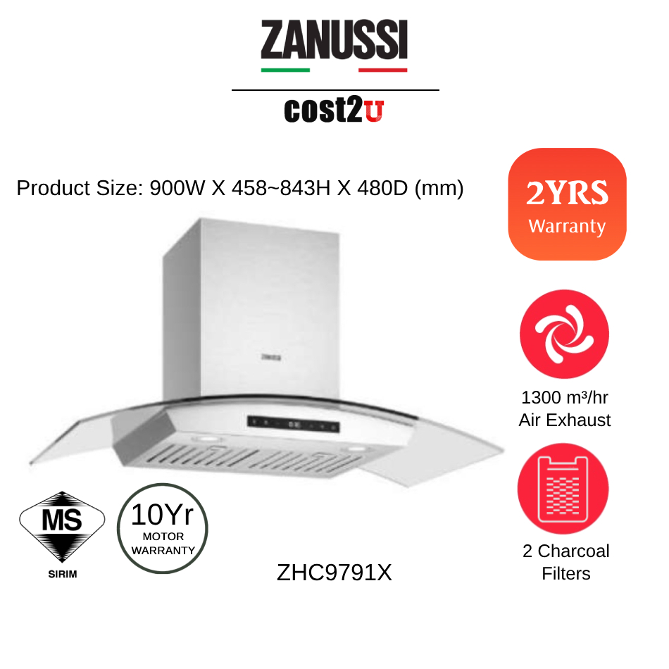 Zanussi 90cm Chimney Curved Glass Hood (1300m3/h) | ZHC9791X (Kitchen ...