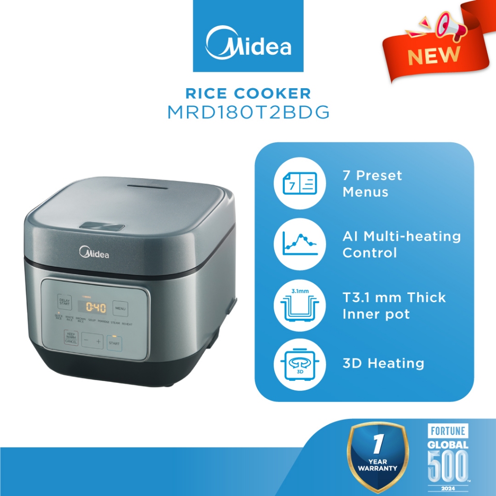 Midea MRD180T2BDG 1.8L Digital Rice Cooker With 7 Preset Menus & T3.1mm ...