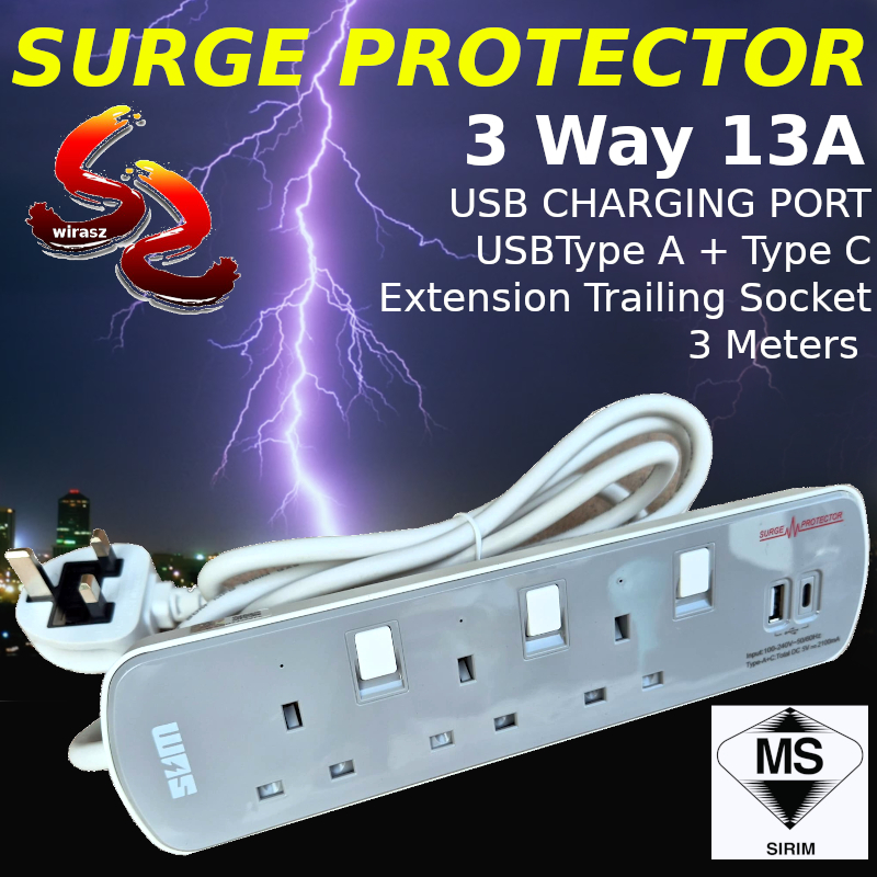 SUM Surge Protector Extension Trailing Socket + USB Type C SIRIM APPROVED 3 Pin & 2 Pin | Shopee ...