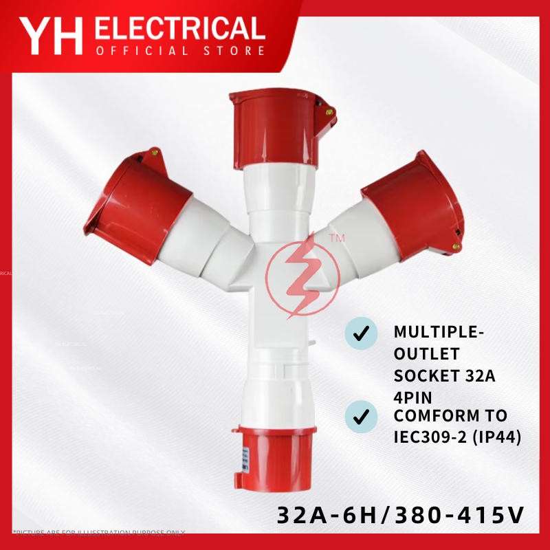 32A IP44 220V-415V 4Pin Multi Plug Socket 3way / Industrial Plug socket ...