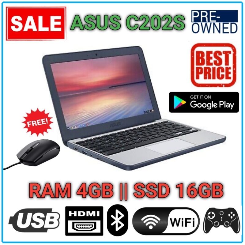 ASUS CHROMEBOOK C202S || INTEL CELERON RAM 4GB SSD 16GB PLAY STORE ...