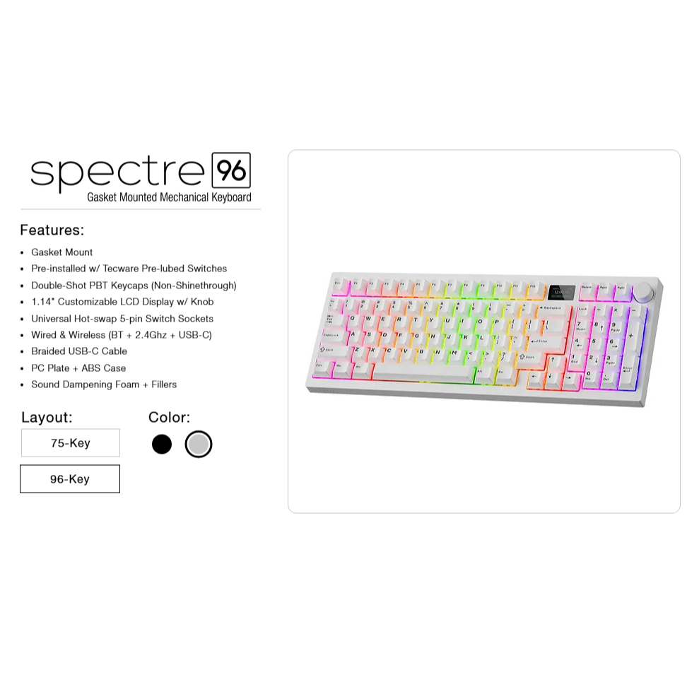 TECWARE SPECTRE 75 / SPECTRE 96 GASKET MOUNTED MECHANICAL KEYBOARD ...