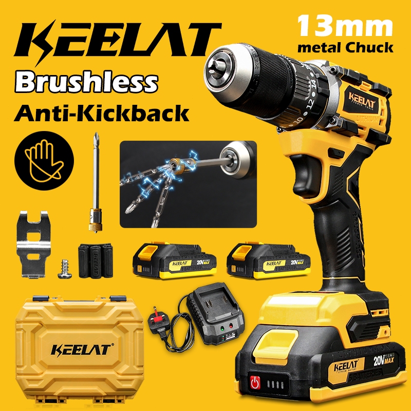 KEELAT KCD012 Brushless Anti-Kickback 13MM 20V Cordless Drill Set Heavy ...
