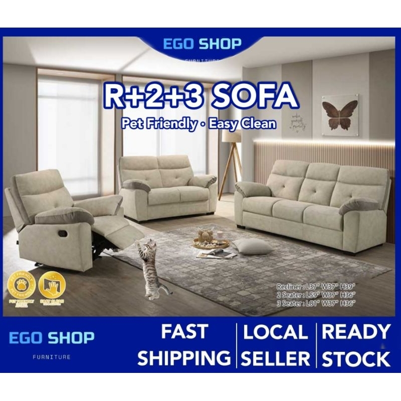 EGO Pet Friendly 1R+2+3 Sofa Set / Easy Clean Fabric Recliner + 2Seater ...