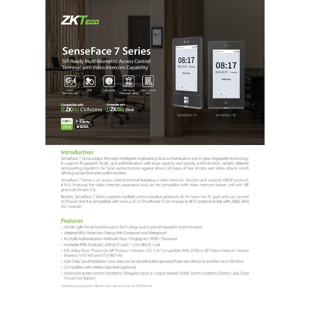 ZKTECO SENSEFACE 7A/WIFI ID / MF SIP-READY MULTI-BIOMETRIC ACCESS ...