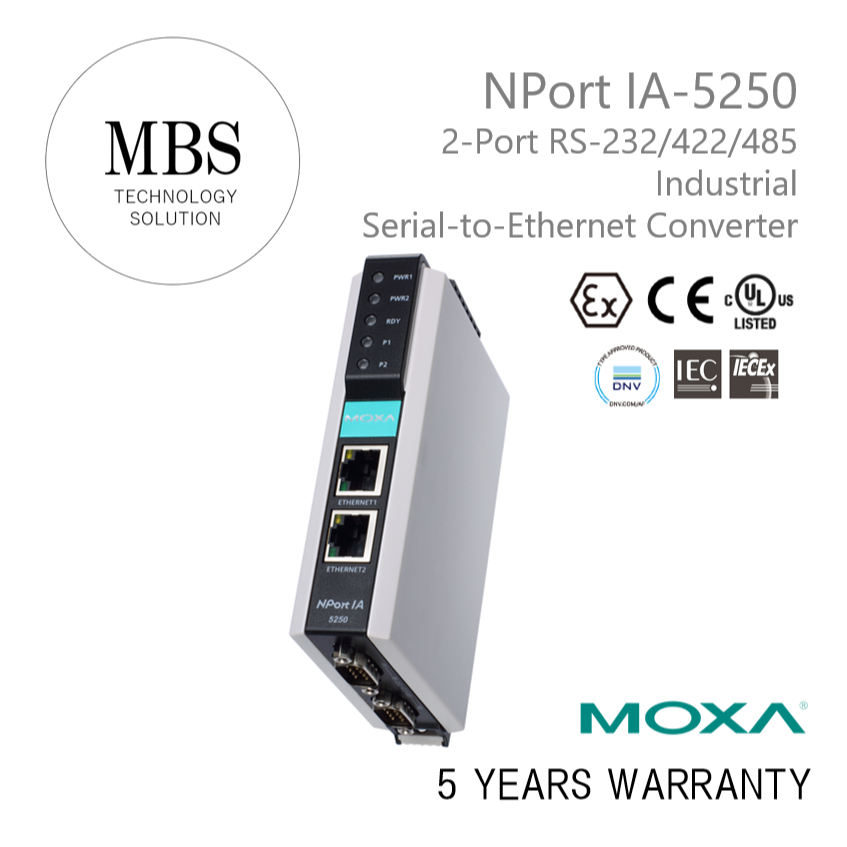MOXA NPort IA-5250, 2-Port Industrial Serial-to-Ethernet Converter | DNV, UL/cUL ATEX C1D2 ...