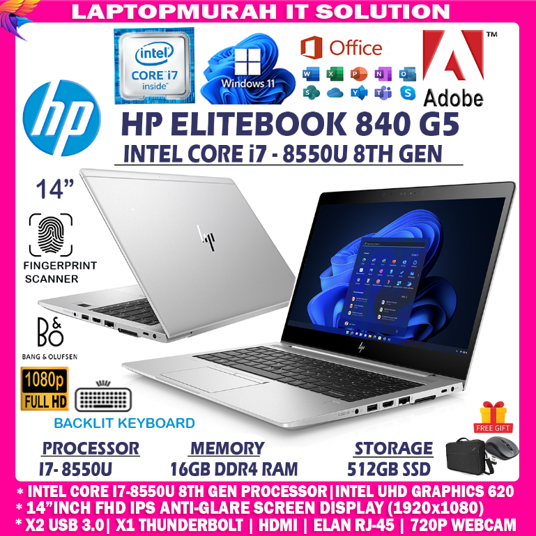 HP ELITEBOOK 840 G5 ULTRABOOK INTEL CORE I7- 8550U 8TH GEN / 16GB DDR4 ...