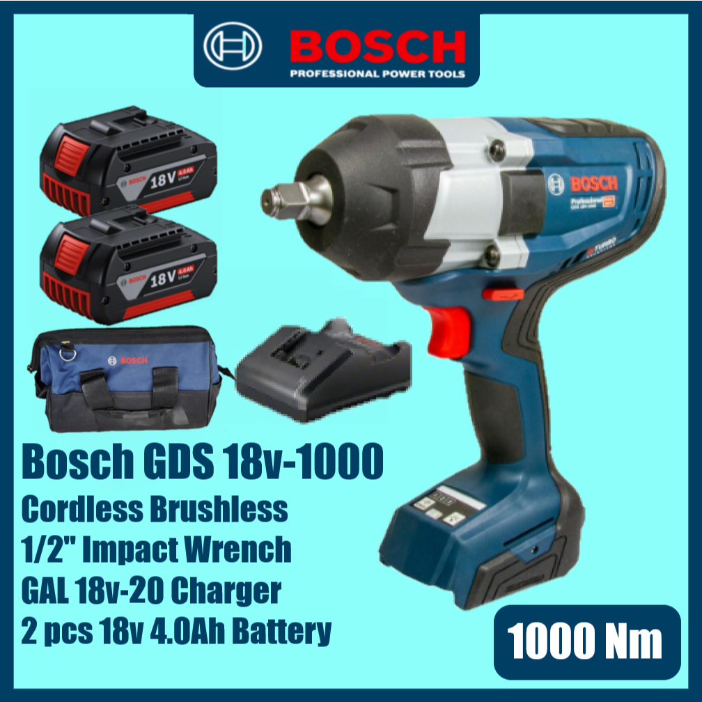BOSCH GDS 18V-1000 Professional Cordless Impact Wrench 18V 1/2" High Torque BITURBO 1000NM 4.0Ah ...