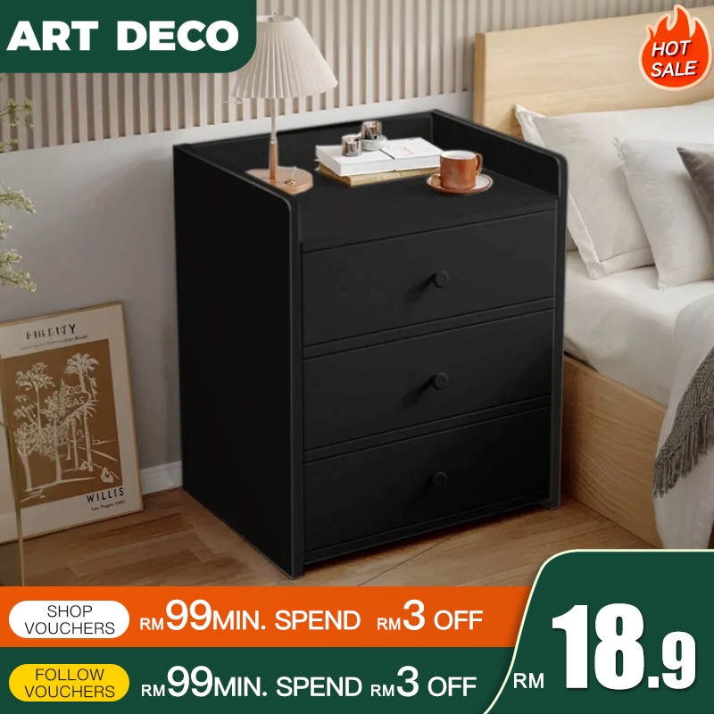 Side Table with 3 Drawer Black Bedside Table Meja Tepi Katil Modern ...