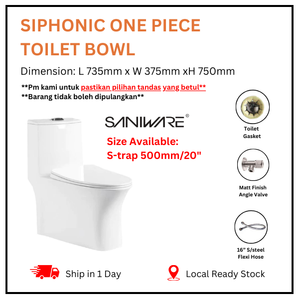 Saniware Bathroom One Piece 20 inch 500mm S Trap Rimless Siphonic ...
