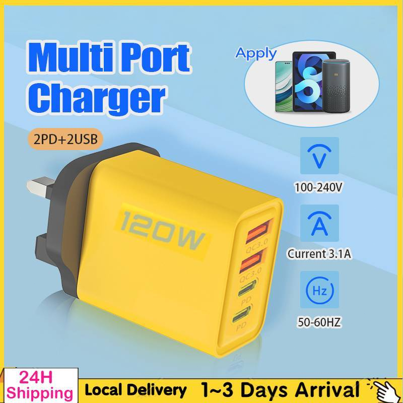 🔥120w 2c 2usb 4 Ports Fast Charger Adapter Kepala Charger Type C Quick